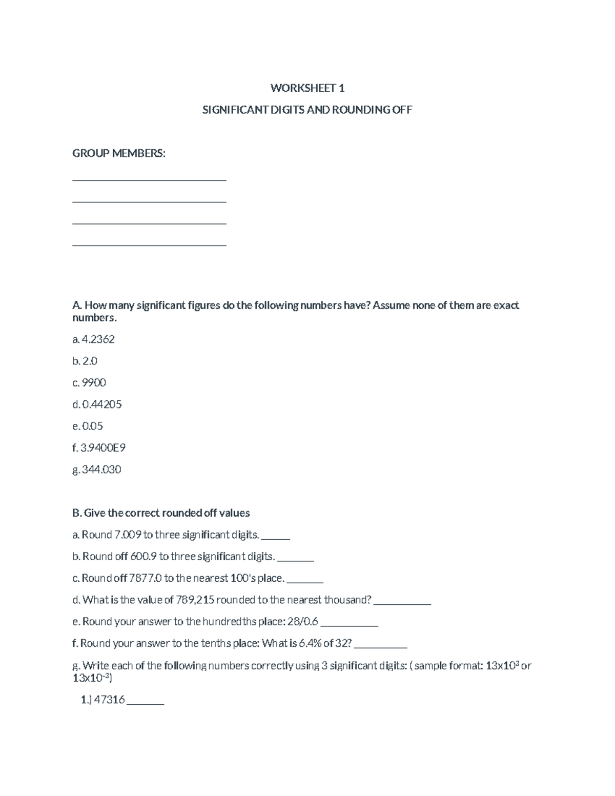 Worksheet 1 Significant Digits AND Rounding OFF - WORKSHEET 1 ...