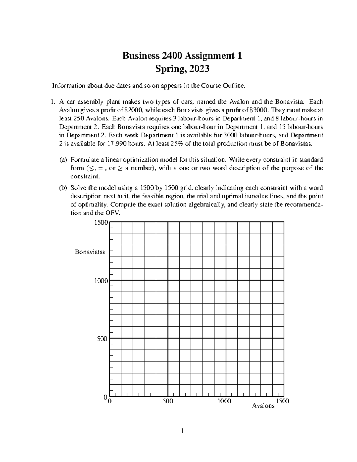 A1 2023 - Assignment 1 - Business 2400 Assignment 1 Spring, 2023 ...