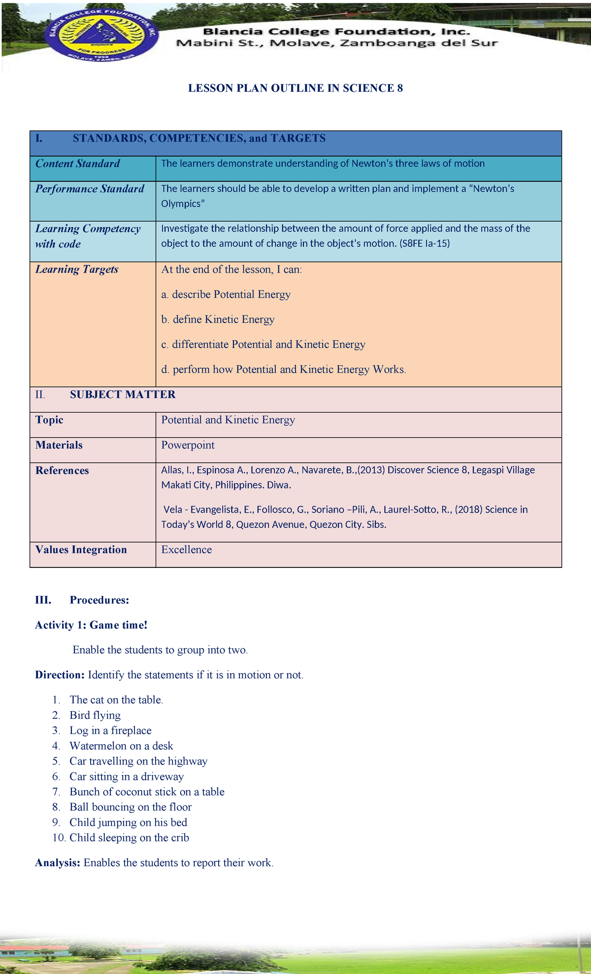 3 - Physics - LESSON PLAN OUTLINE IN SCIENCE 8 I. STANDARDS ...