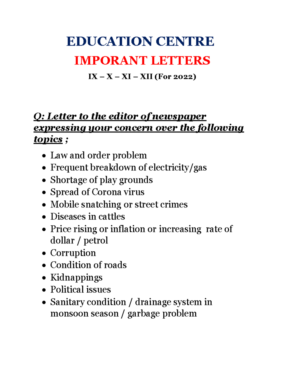Important letters - EDUCATION CENTRE IMPORANT LETTERS IX – X – XI – XII ...