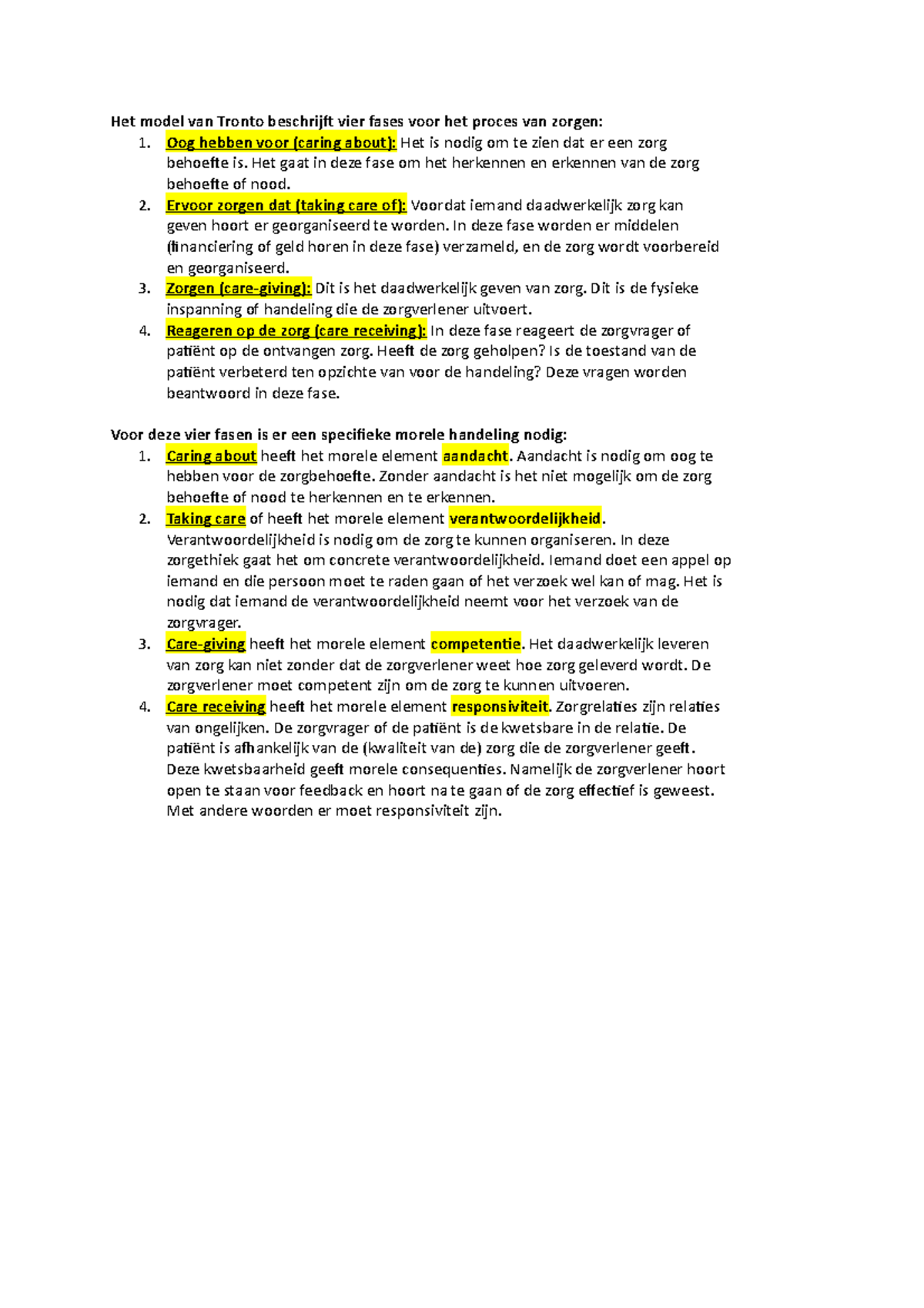 Het model van Tronto beschrijft vier fases voor het proces van zorgen ...