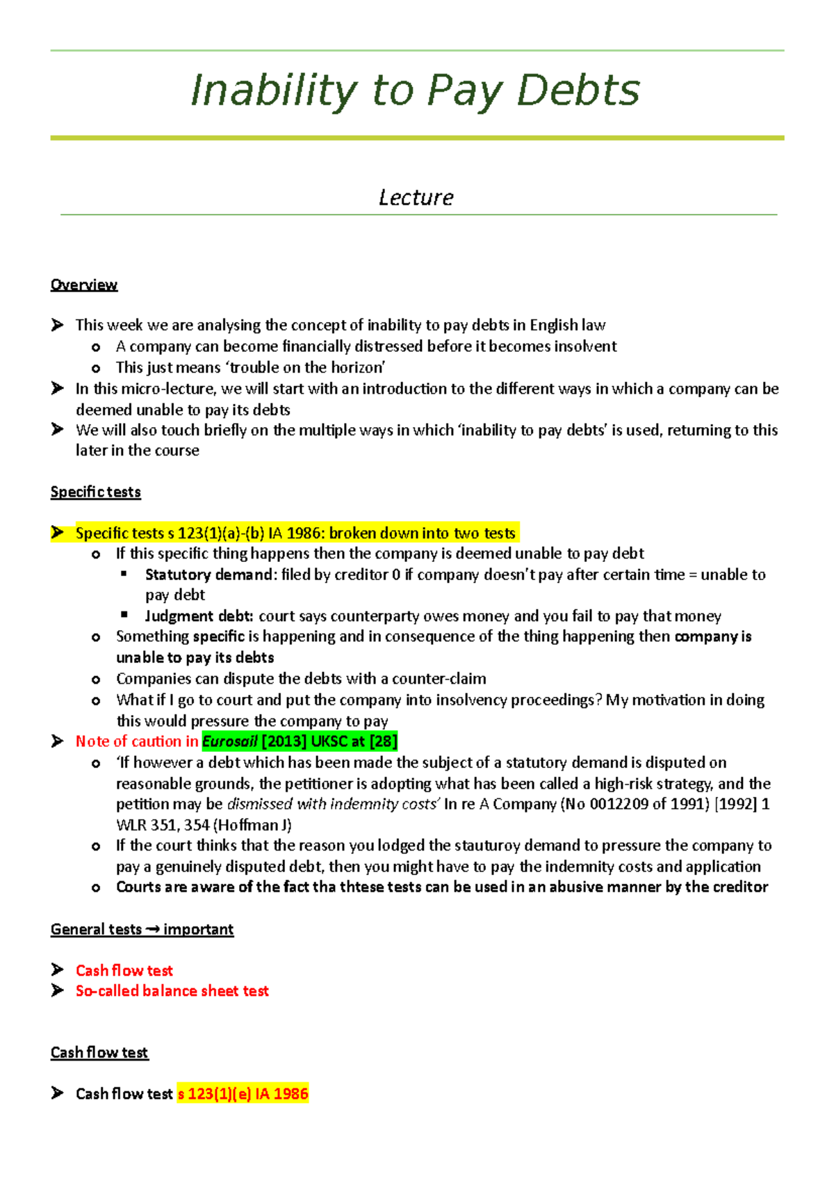 2. Inability to Pay Debts - Inability to Pay Debts Lecture Overview ...