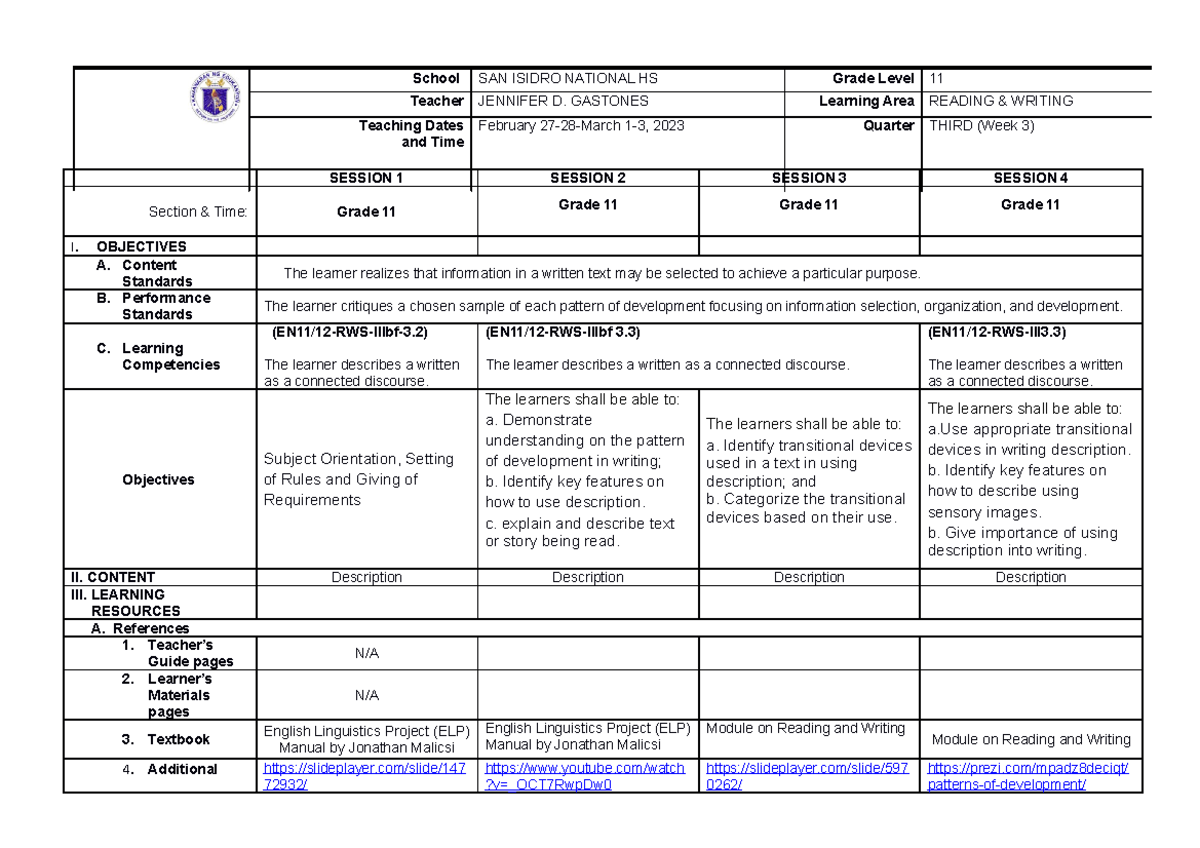 DLL RW-3rd week - NOTES - SESSION 1 SESSION 2 SESSION 3 SESSION 4 ...