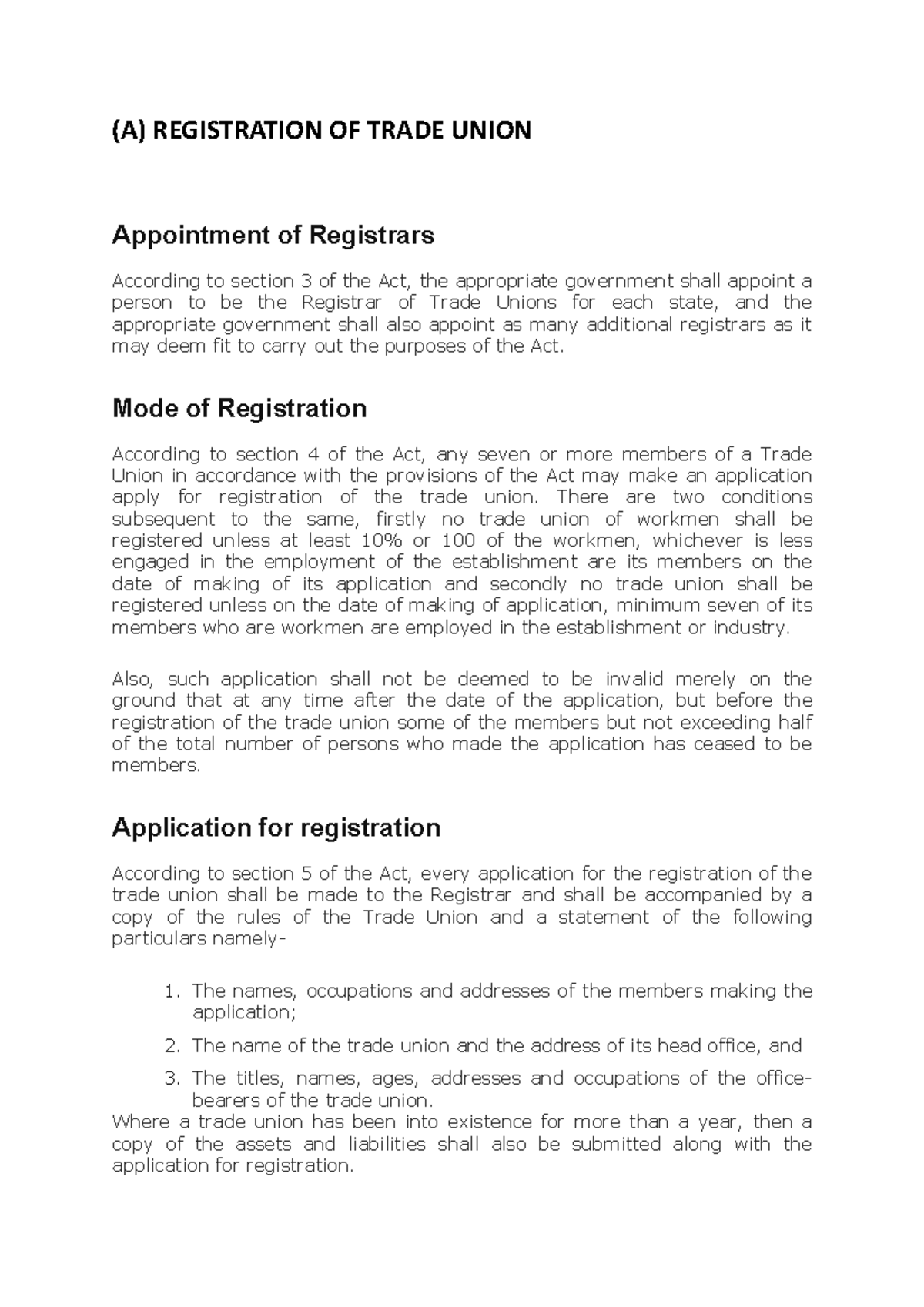 Labour law summary - (A) REGISTRATION OF TRADE UNION Appointment of ...