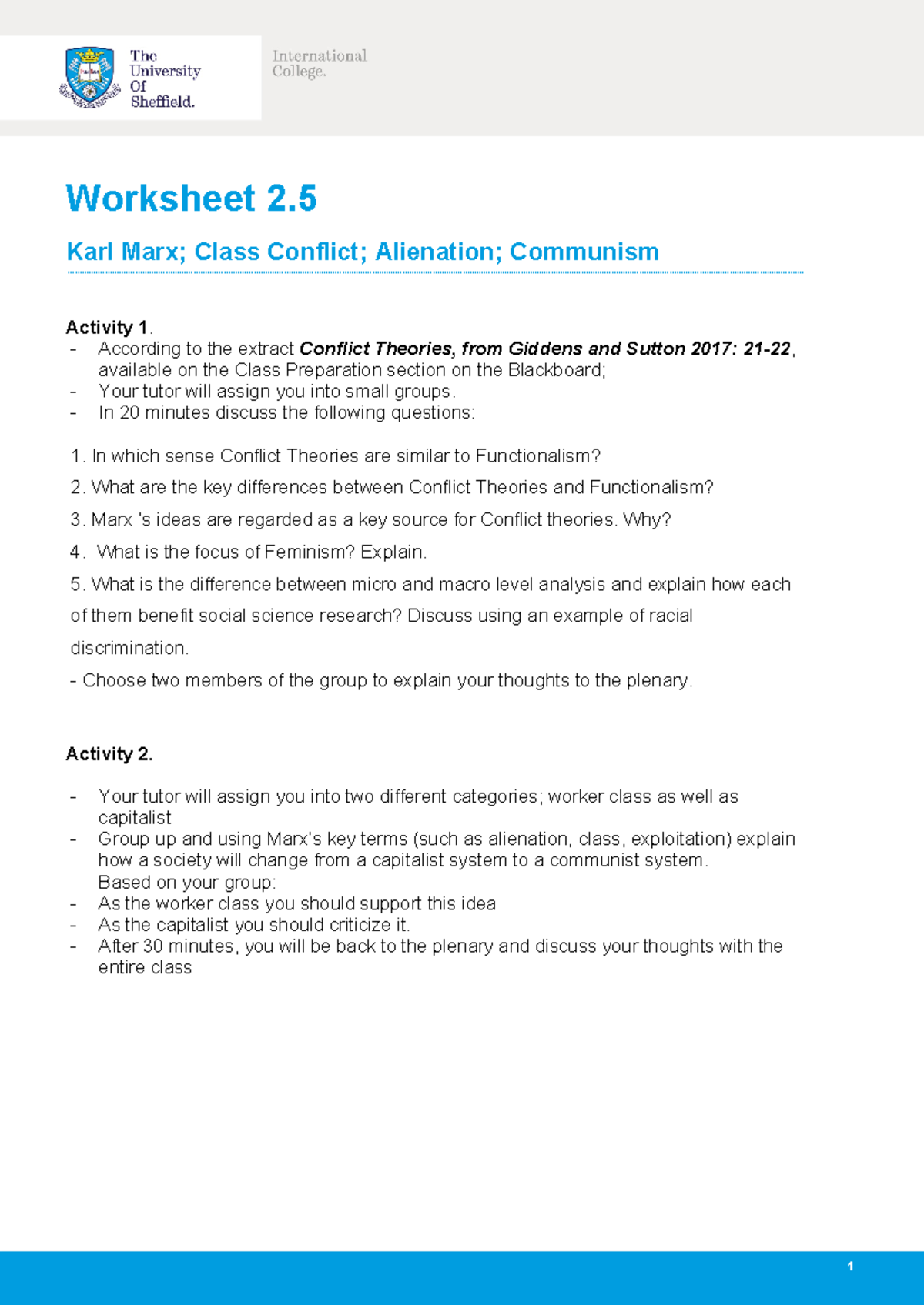 Worksheet 2 - Worksheet 2. Karl Marx; Class Conflict; Alienation ...