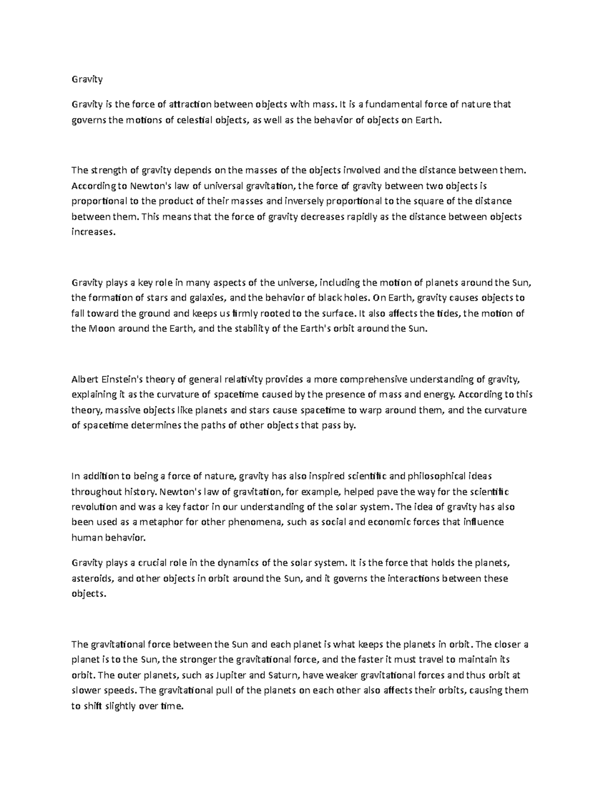 Gravity - Gravity Gravity is the force of attraction between objects ...