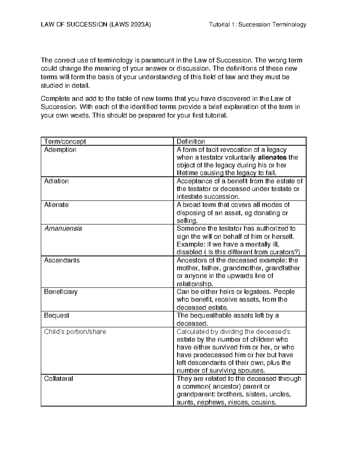 Tutorial 1 Terminology - LAW OF SUCCESSION (LAWS 2023A) Tutorial 1 ...