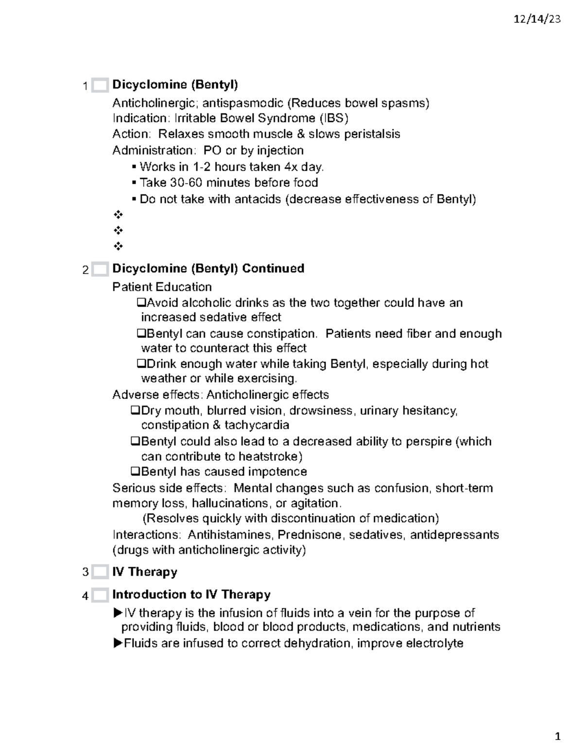 IBS - 12/14/ Dicyclomine (Bentyl) Anticholinergic; antispasmodic ...