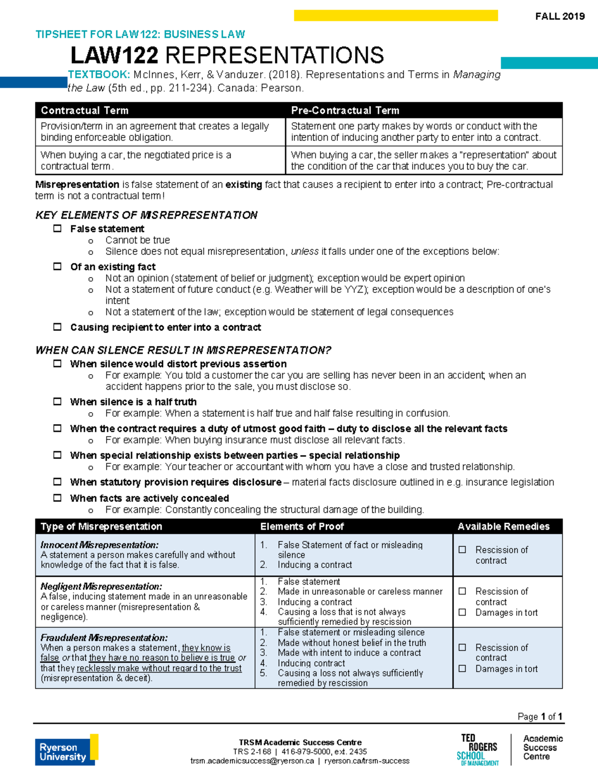 TRSM-ASC Tip Sheet LAW122-Representation Fall-2019 - TIPSHEET FOR ...