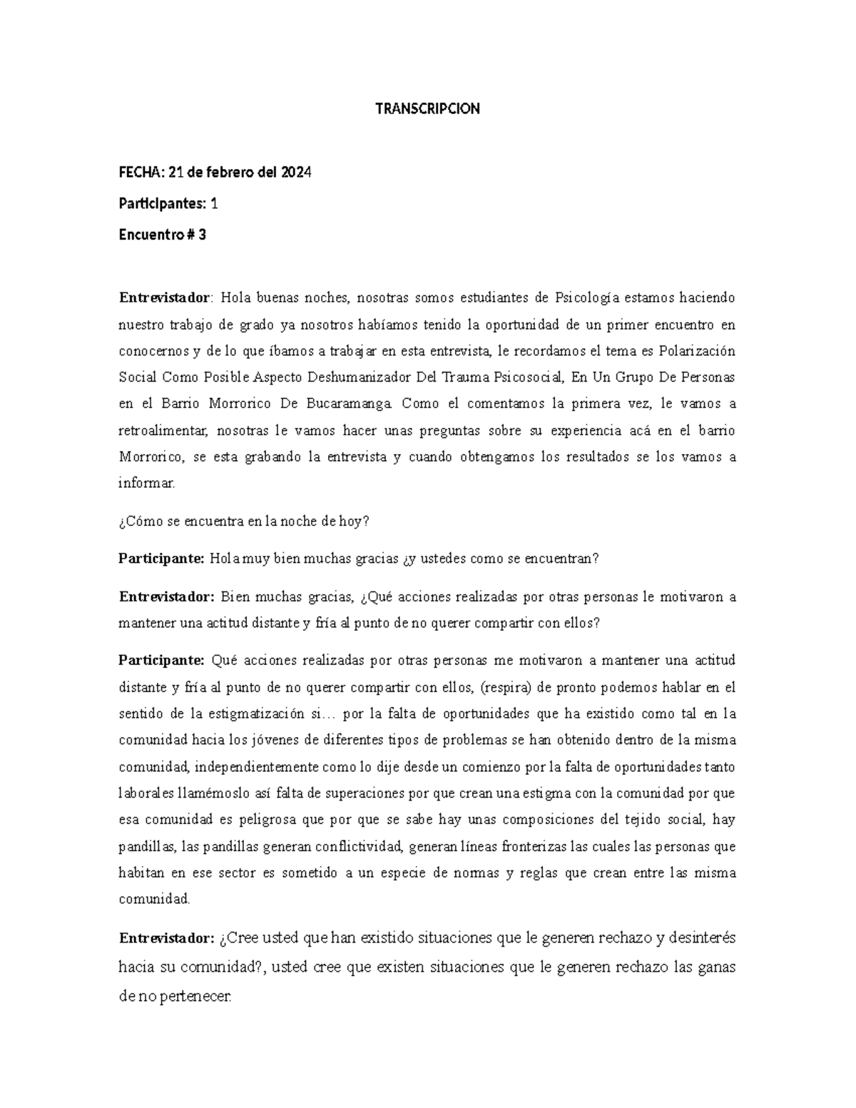 Transcripcion - transcripción - TRANSCRIPCION FECHA: 21 de febrero del ...