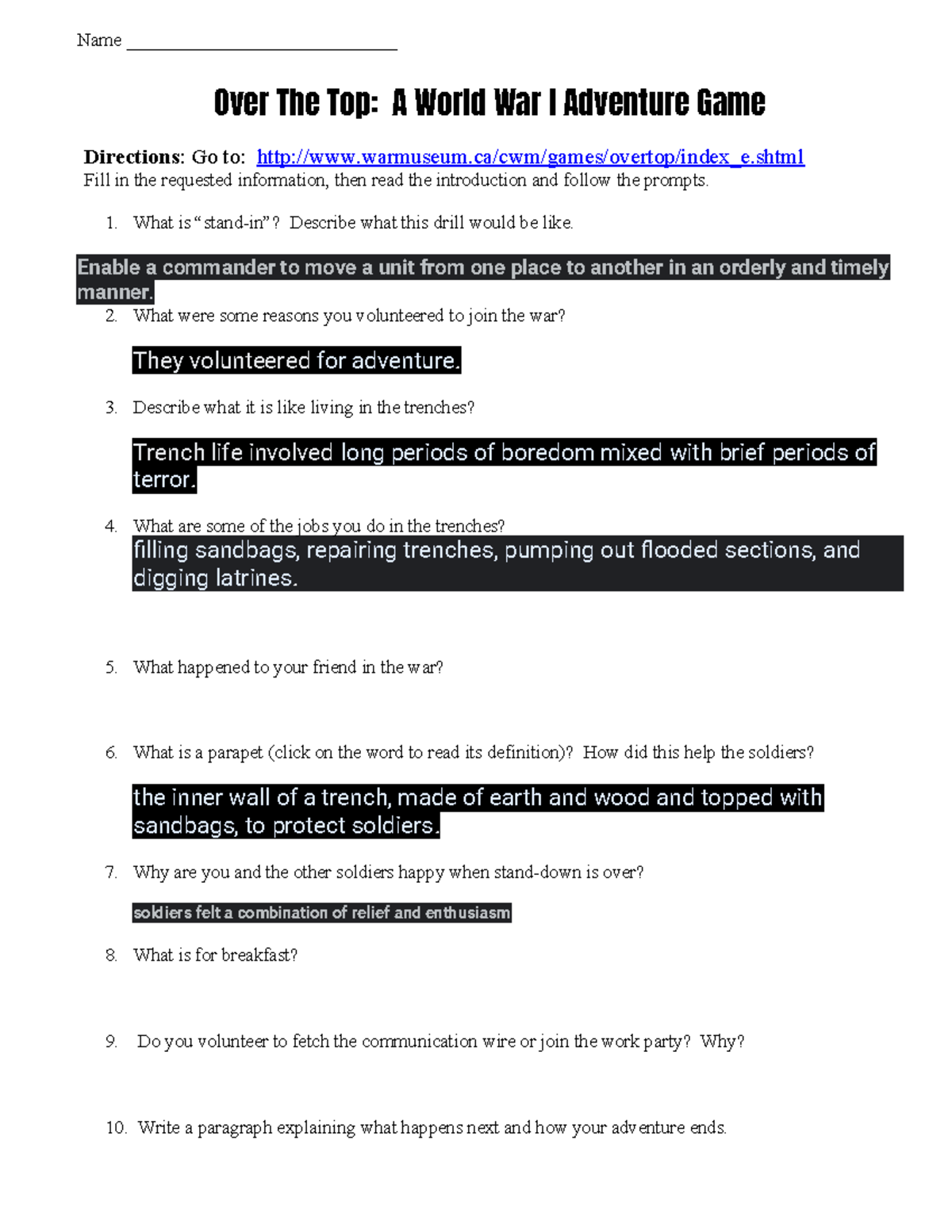 Copy of WW1 Webquest Game - Name _____________________________ Over The ...