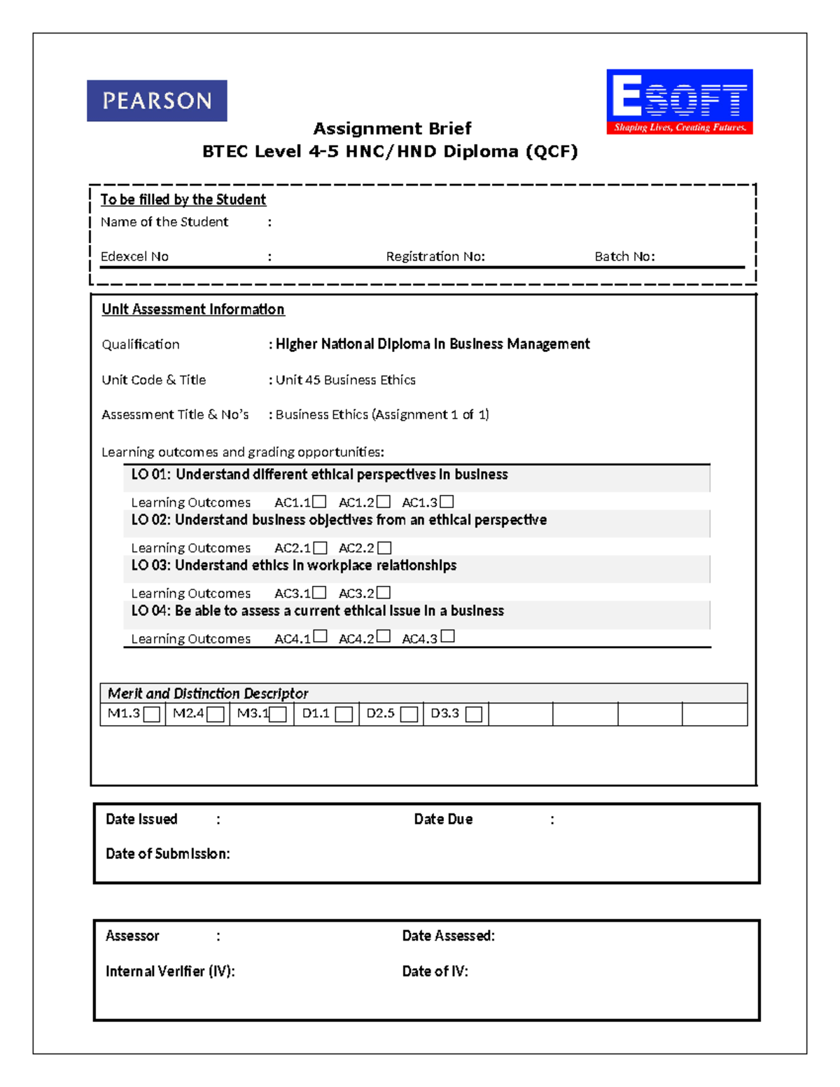 Business Ethics-Brief - Assignment Brief BTEC Level 4-5 HNC/HND Diploma (QCF) To be filled by ...