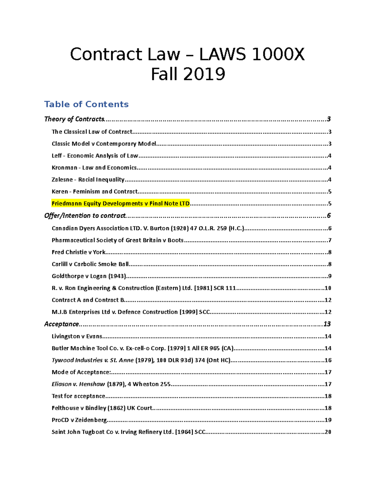 Contract Fall - N/A - Contract Law – LAWS 1000X - Fall Theory of - Studocu