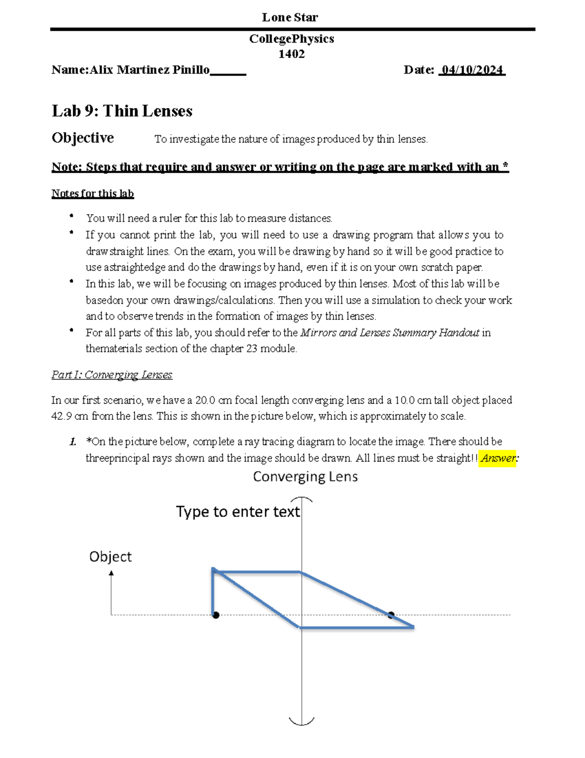 Lab 9 - Thin Lenses-2 (1) - Lone Star CollegePhysics 1402 Name:Alix ...