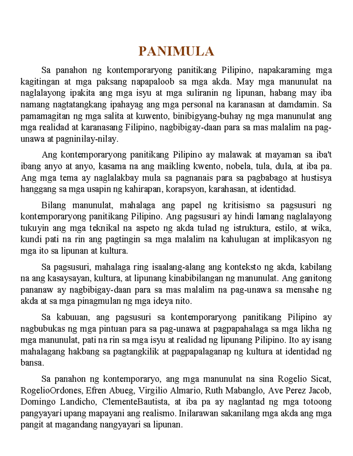 Panunuri-3 - PANIMULA Sa panahon ng kontemporaryong panitikang Pilipino ...