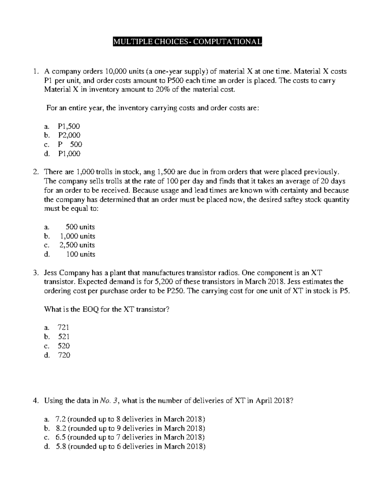 Accounting Problems and Solutions-Cost Accounting - MULTIPLE CHOICES ...