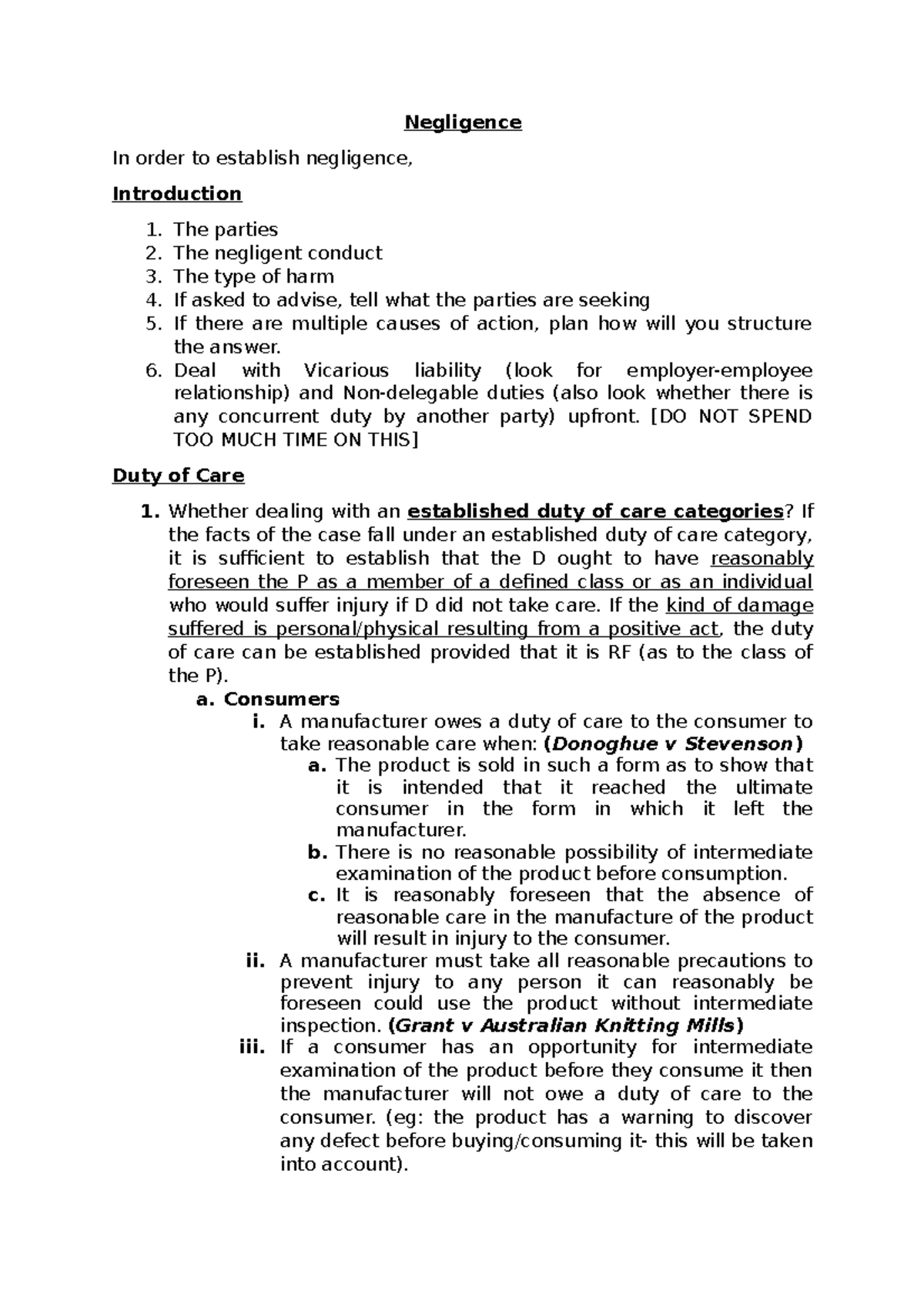 Torts Revision - Problem-solving approach - Negligence In order to ...