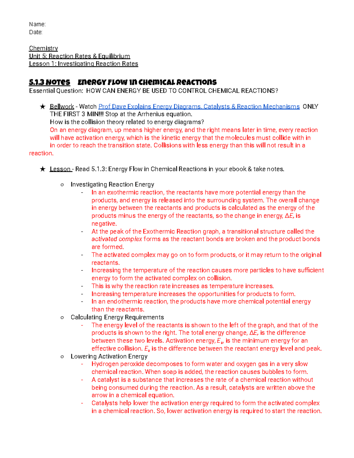 5.1.3 Notes - Name: Date: Chemistry Unit 5: Reaction Rates ...