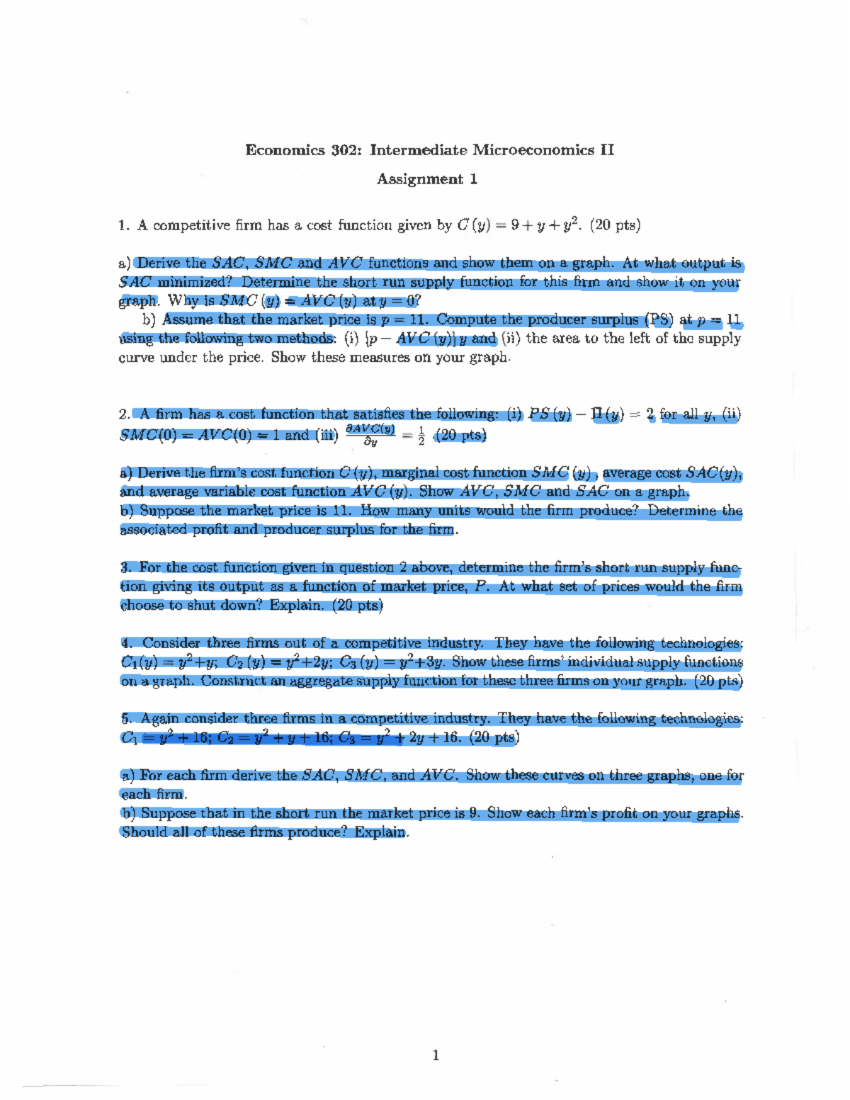 Assignment 1 econ 302 - Economics 302:IntermediateMicroeconomics II ...