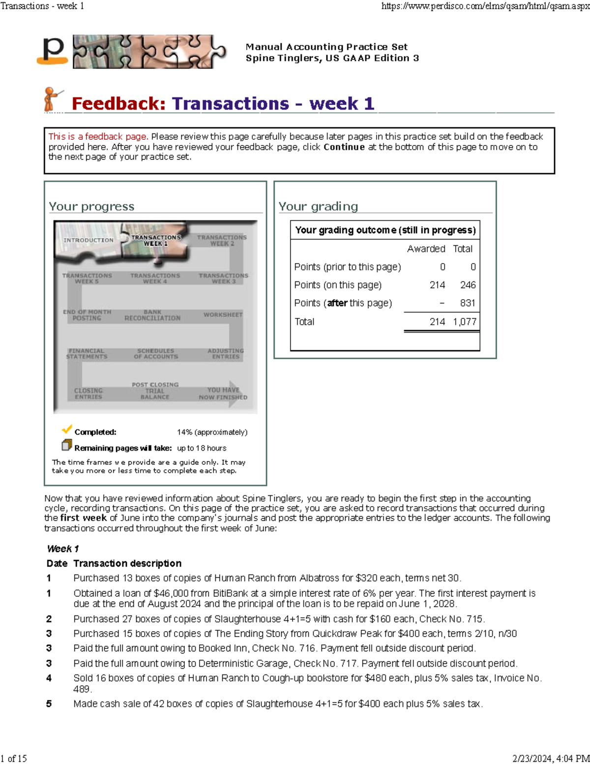 Answers week 1 - Perdisco - Your progress Completed: 14% (approximately) Remaining pages will ...