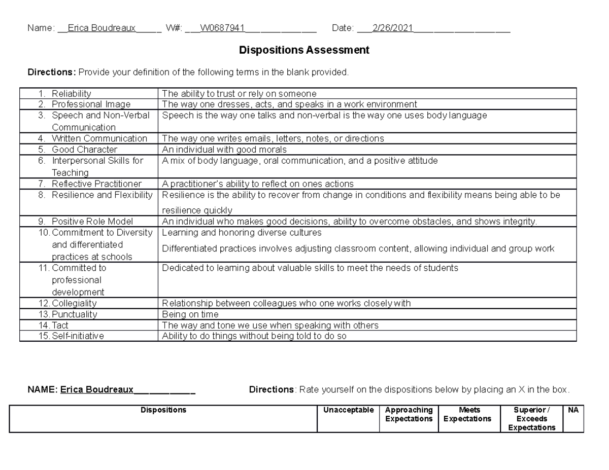 Disposition Assessment - Name: Erica Boudreaux___ W#: W0687941 ...