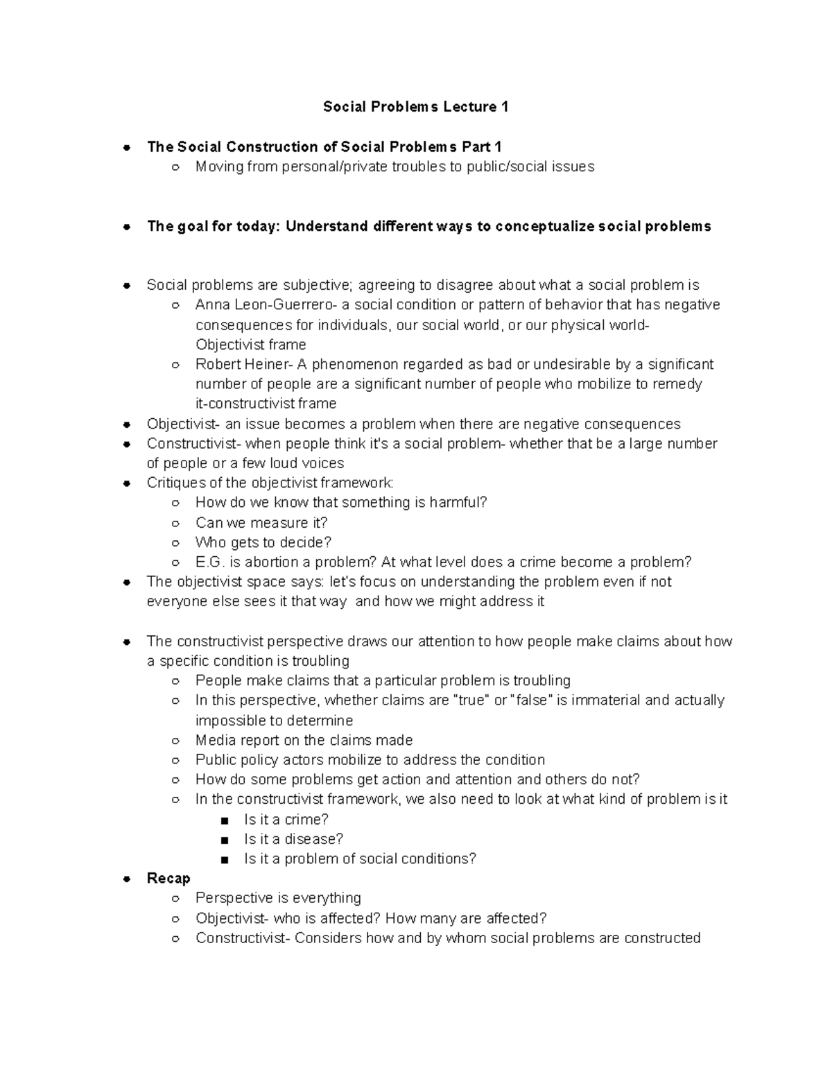 Sociology Lecture 1 - Social Problems Lecture 1 The Social Construction ...
