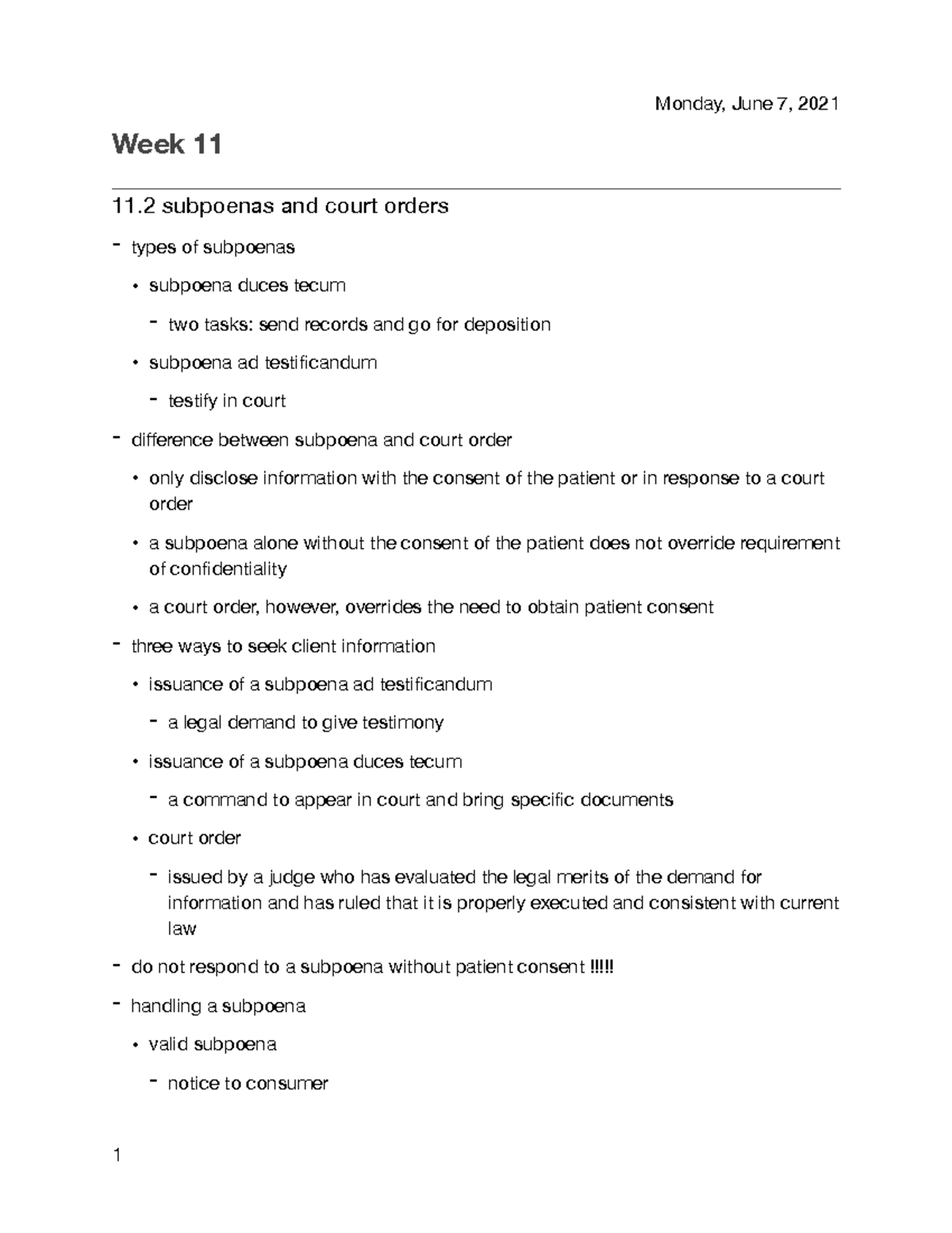 623 week 11 - lecture notes - Week 11 11 subpoenas and court orders ...