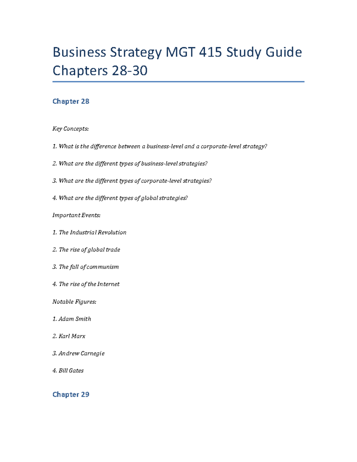 Business Strategy MGT 415 Study Guide Chapters 28-30 - Business Strategy MGT 415 Study Guide ...