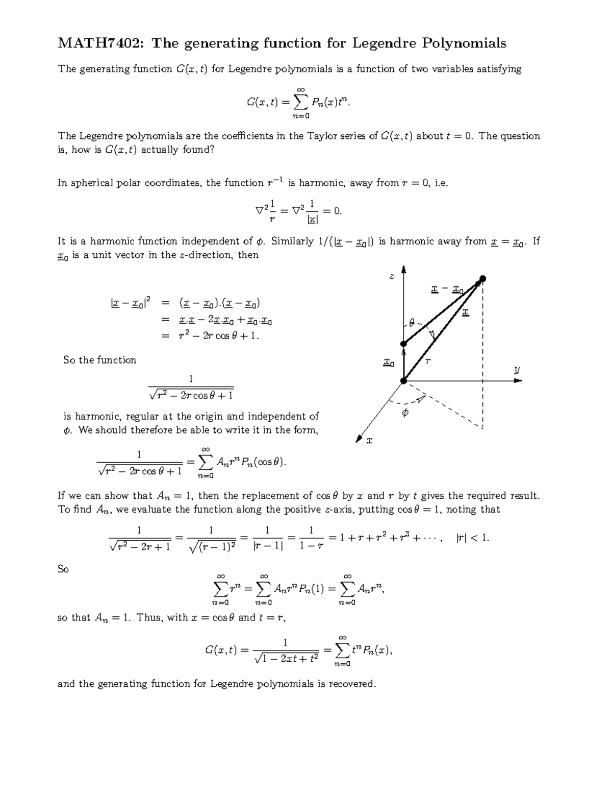 Generating - Notes - MATH7402: The generating function for Legendre ...