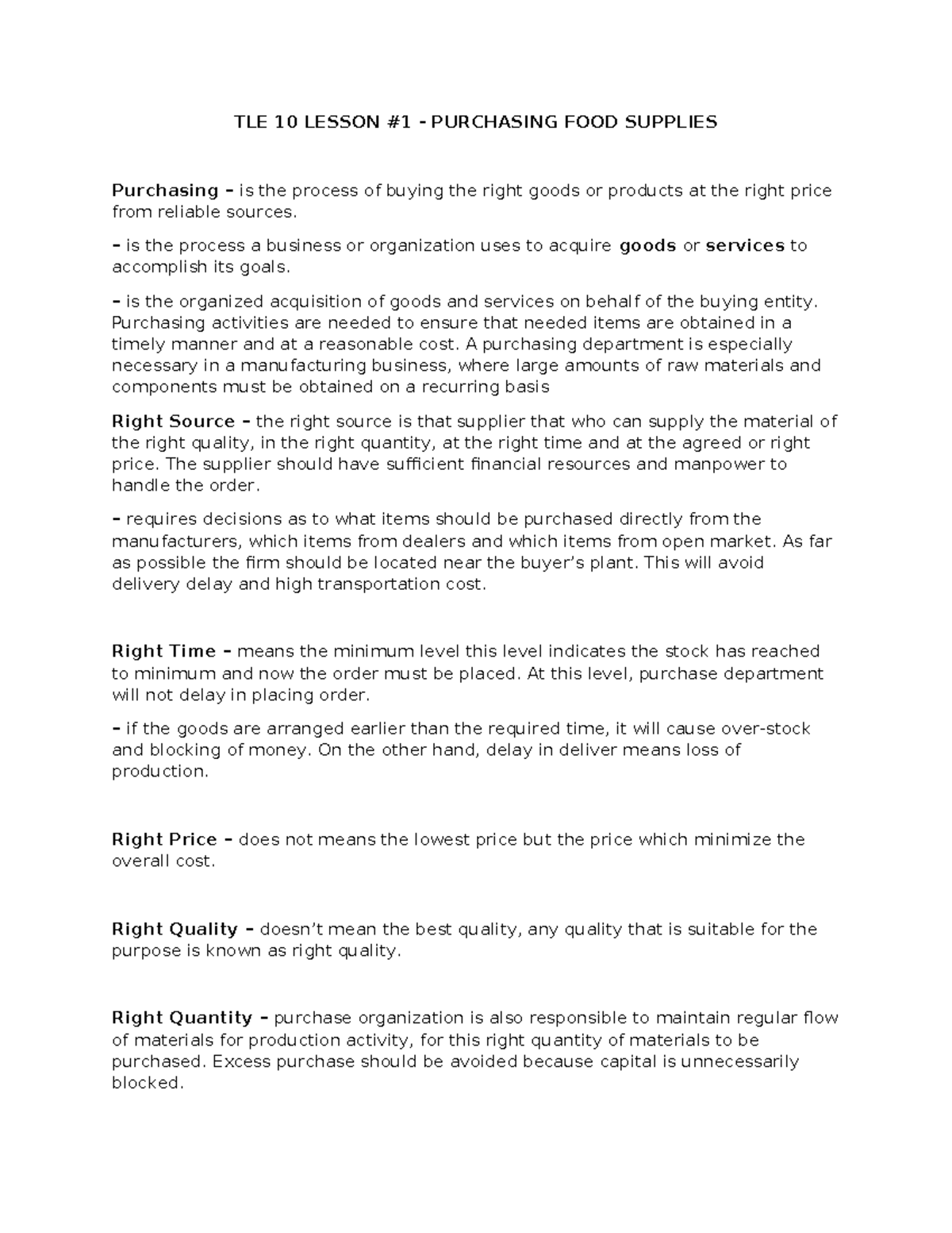 L#1 - Purchasing Supplies - TLE 10 LESSON #1 - PURCHASING FOOD SUPPLIES Purchasing – is the ...