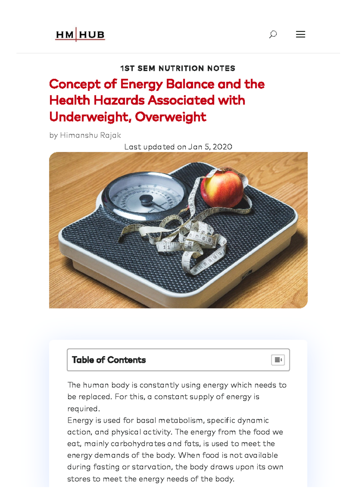 Concept of Energy Balance and the Health Hazards Associated with ...