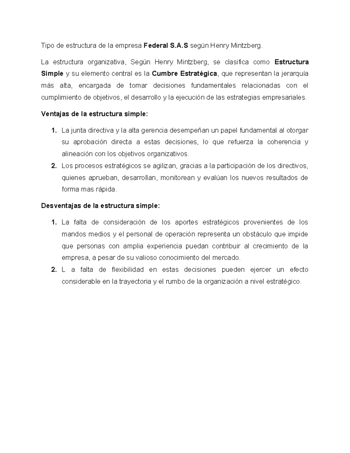 Tipo de estructura de la empresa Federal - A según Henry Mintzberg. La ...