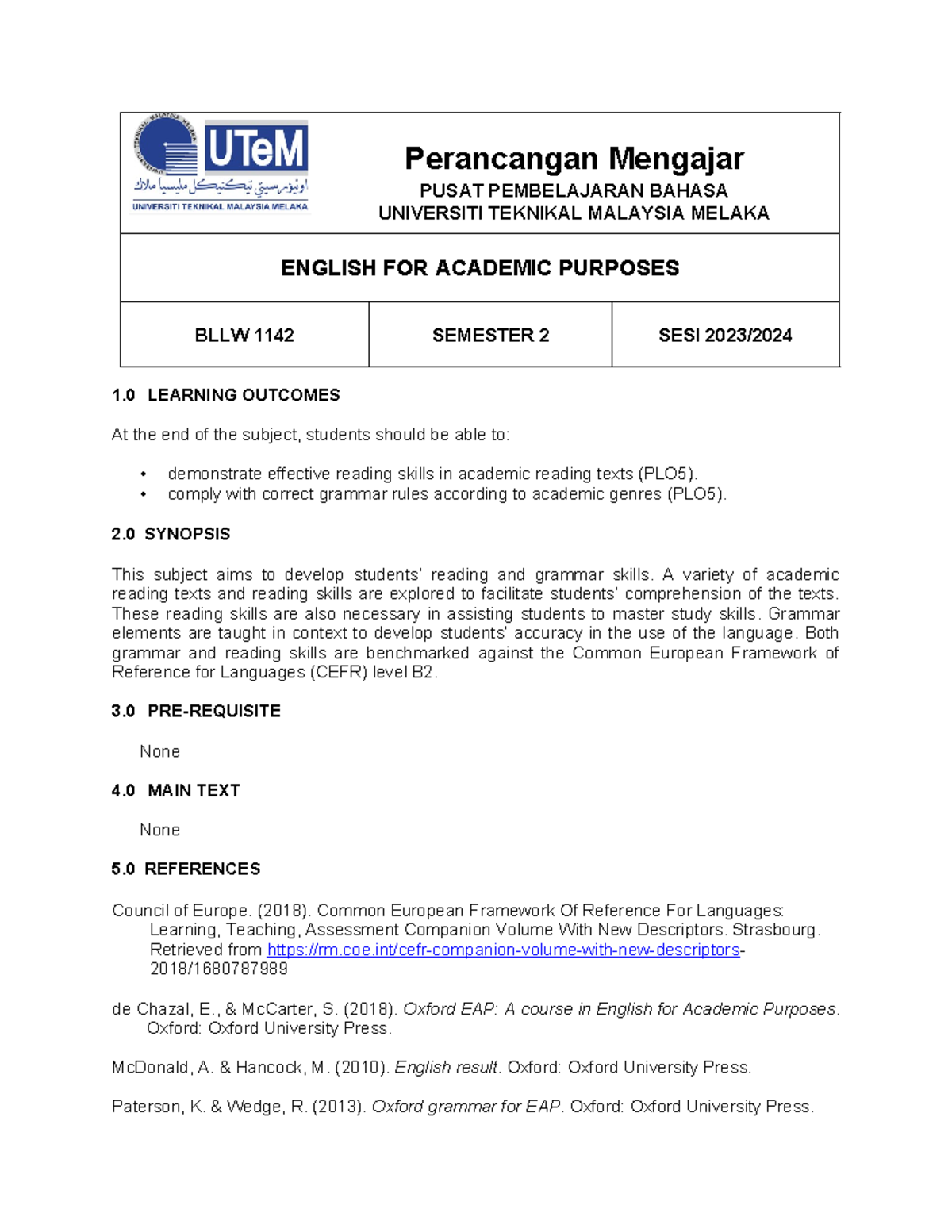 Teaching PLAN EAP SEM 2-2023-2024 - ENGLISH FOR ACADEMIC PURPOSES BLLW 1142 SEMESTER 2 SESI 2023 ...