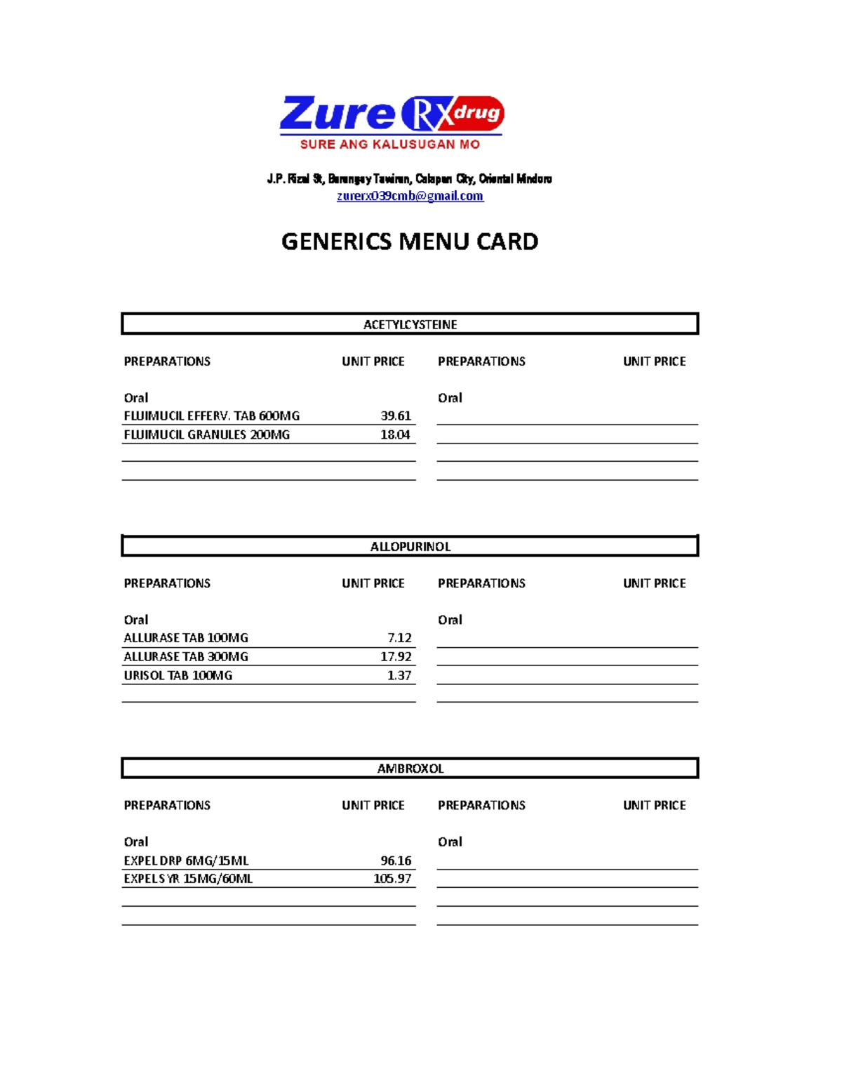 517790529 Generic MENU CARD - J. Rizal St, Barangay Tawiran, Calapan ...