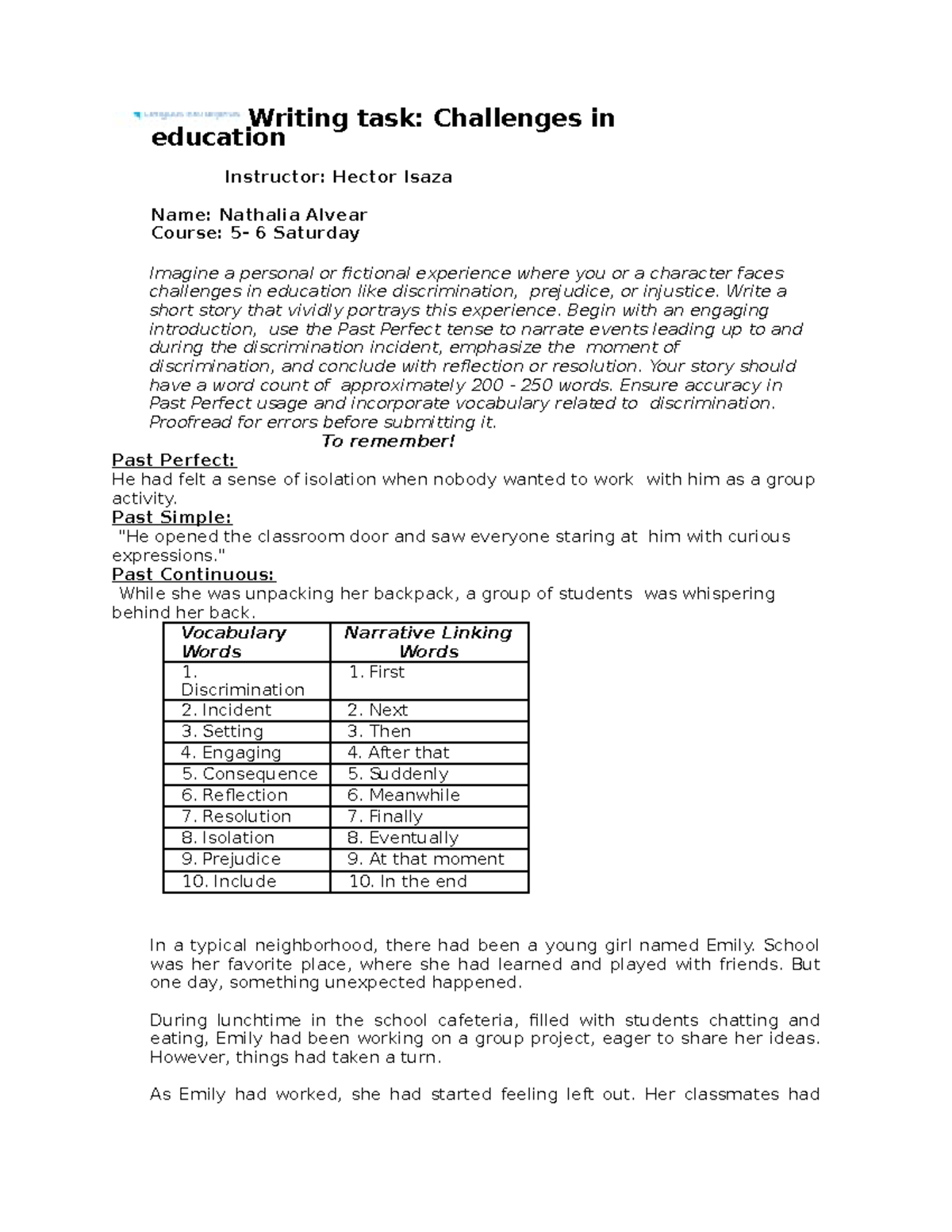 Writing task - Story - Challenges in Education Nathalia Alvear ...