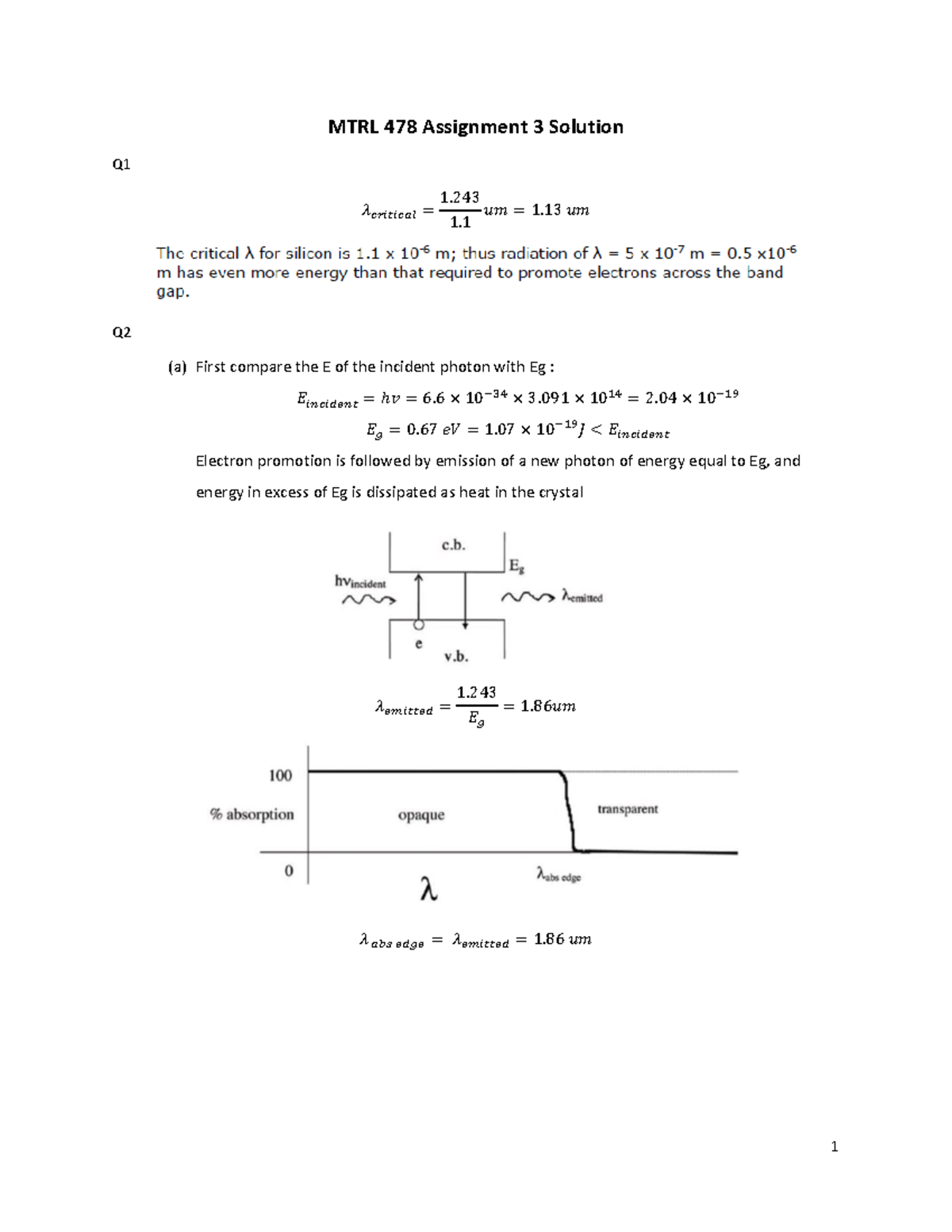 Assignment 3 light absorption energy band solution - 1 MTRL 478 Assignment 3 Solution Q ...
