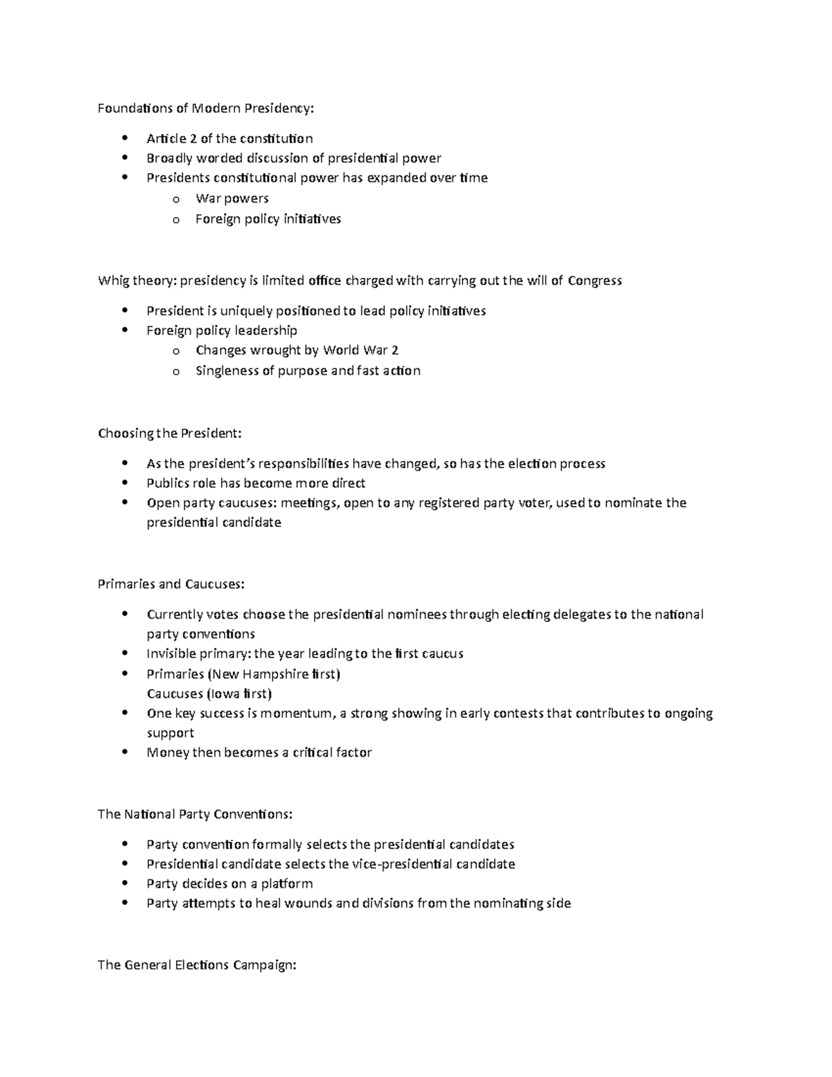 Chapter 12 Notes - Foundations of Modern Presidency: Article 2 of the ...