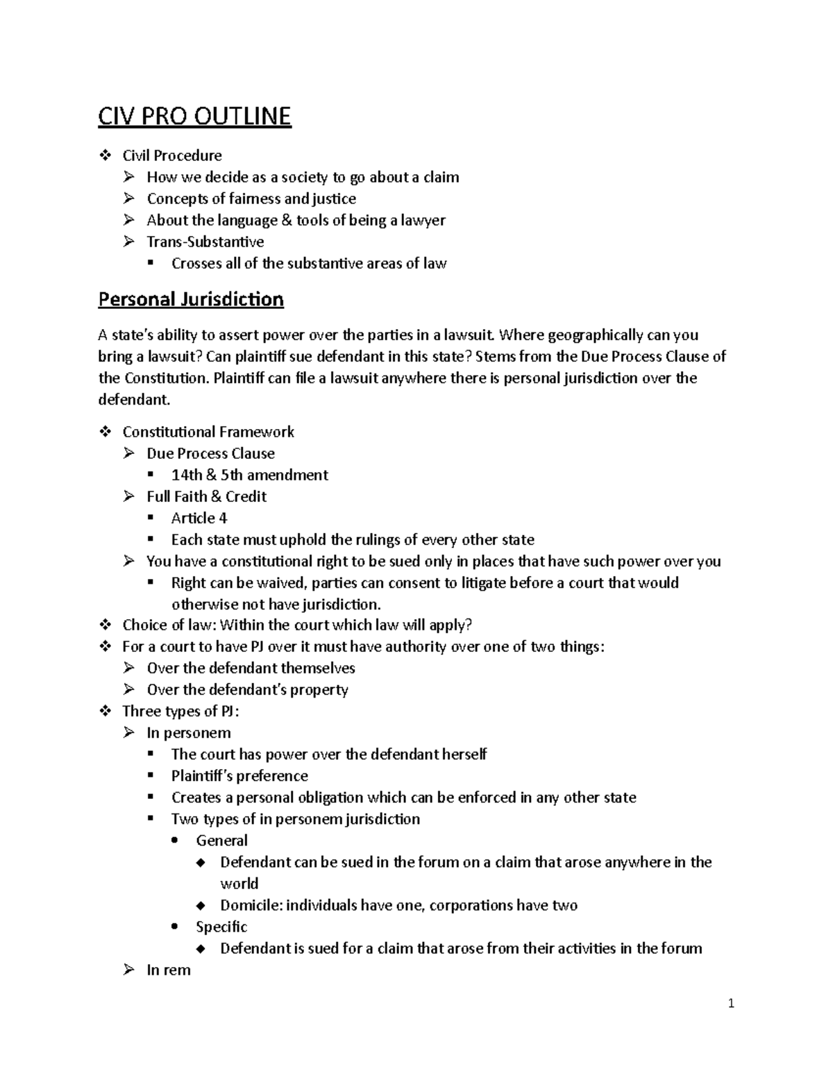 Civ Pro Bornstein Outline 1 - CIV PRO OUTLINE Civil Procedure How we ...