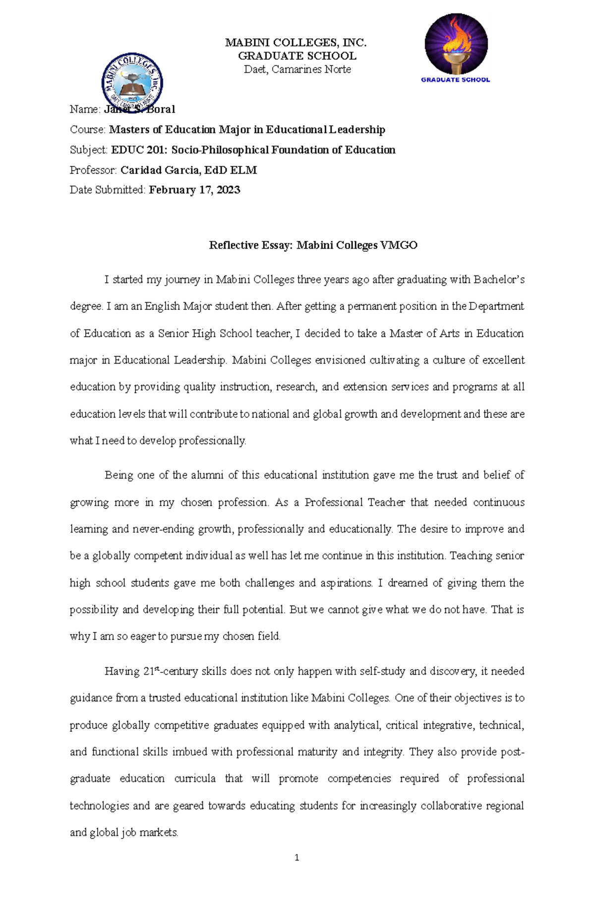 Boral-Reflective Paper-VMGO - MABINI COLLEGES, INC. GRADUATE SCHOOL ...