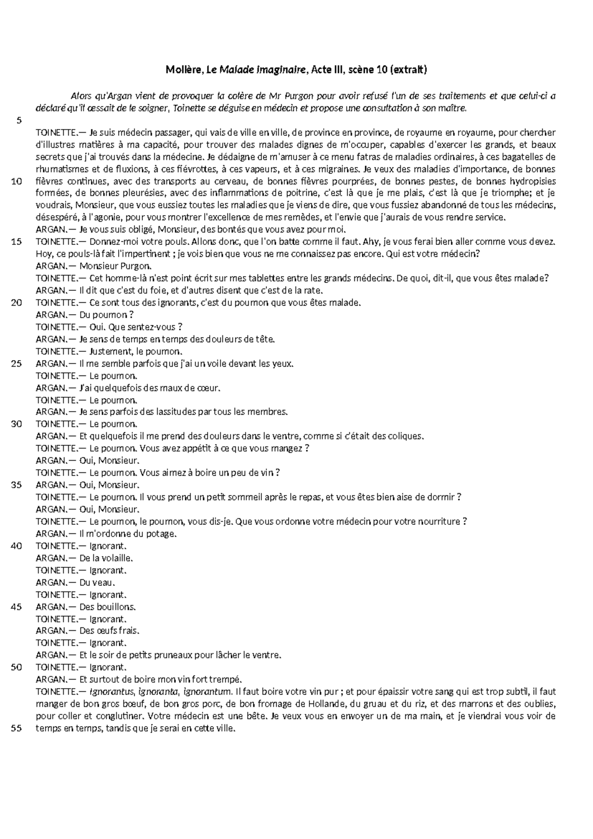 POLY Malade imaginaire- III- 10- Toinette medecin - Molière, Le Malade imaginaire, Acte III ...