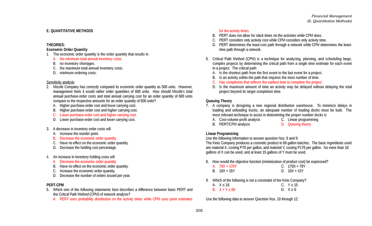 Pdfcoffee - FinancialManagement (E) E. QUANTITATIVE METHODS THEORIES: Economic Order Quantity ...
