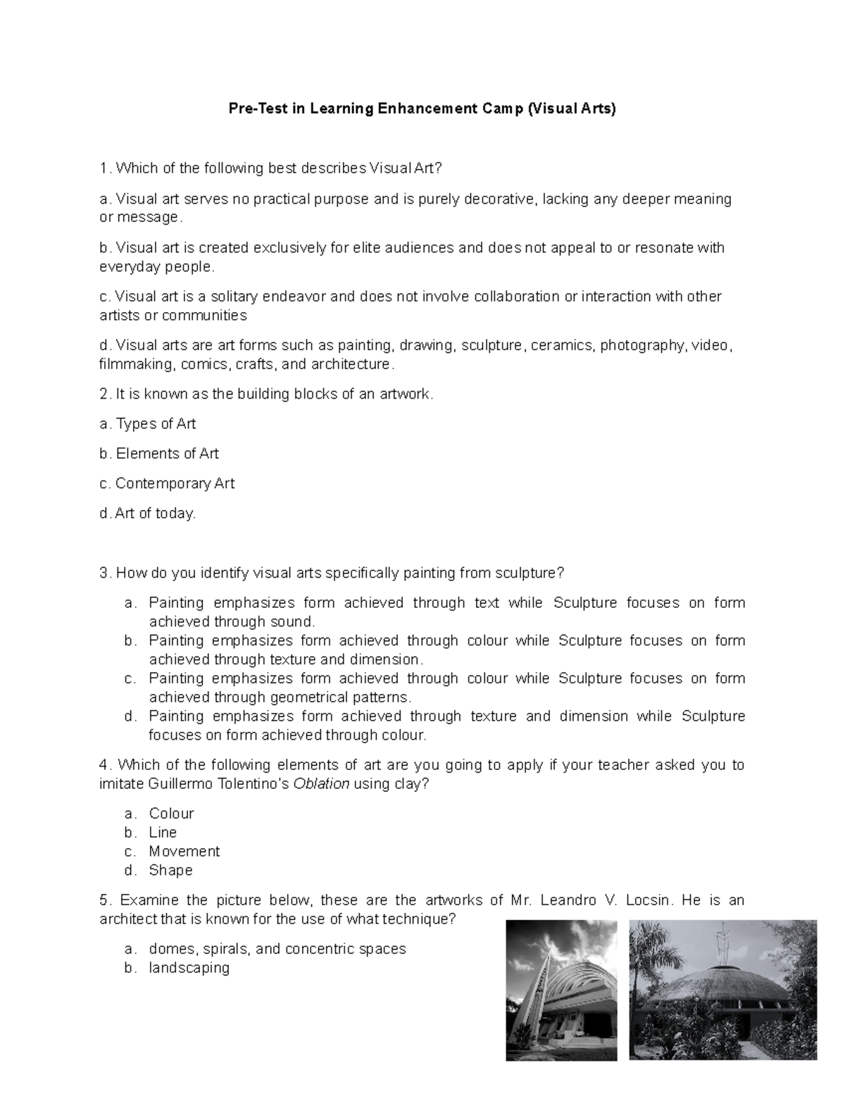 Pre-Test in Visual Arts (LEC) - Pre-Test in Learning Enhancement Camp ...