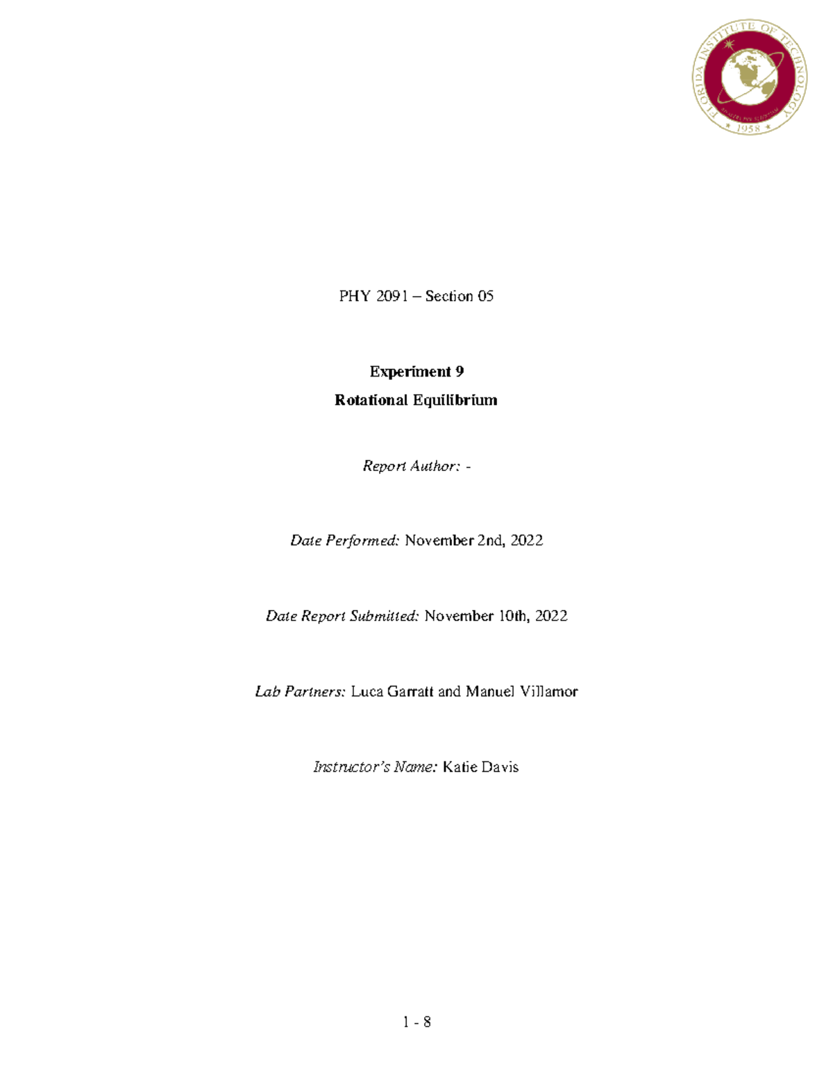 Lab 09 - Rotational Equilibrium Lab Report - PHY 2091 – Section 05 ...