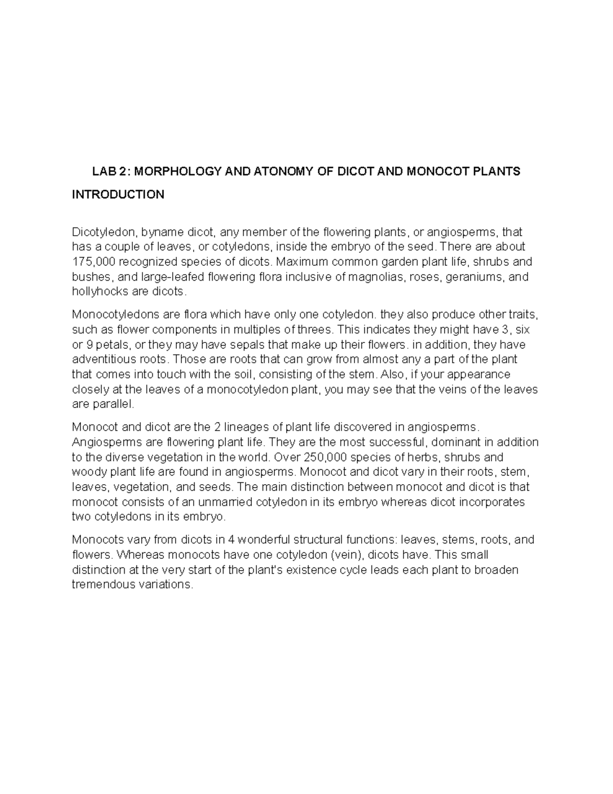 Lab Report 2 AGR122 - LAB 2: MORPHOLOGY AND ATONOMY OF DICOT AND ...
