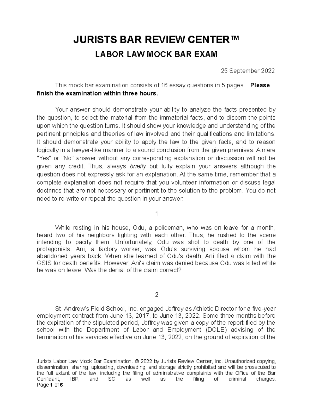 Jurists Labor Law Mock Bar Examination - JURISTS BAR REVIEW CENTER ...