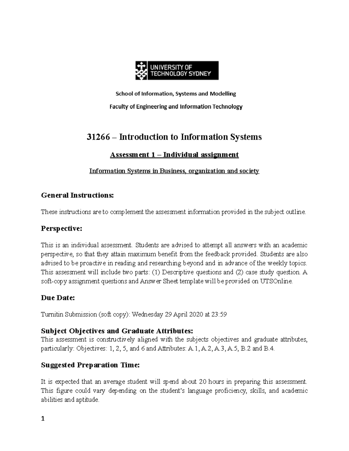 31266 Assignment 1 Guideline - 31266 – Introduction to Information Systems Assessment 1 ...