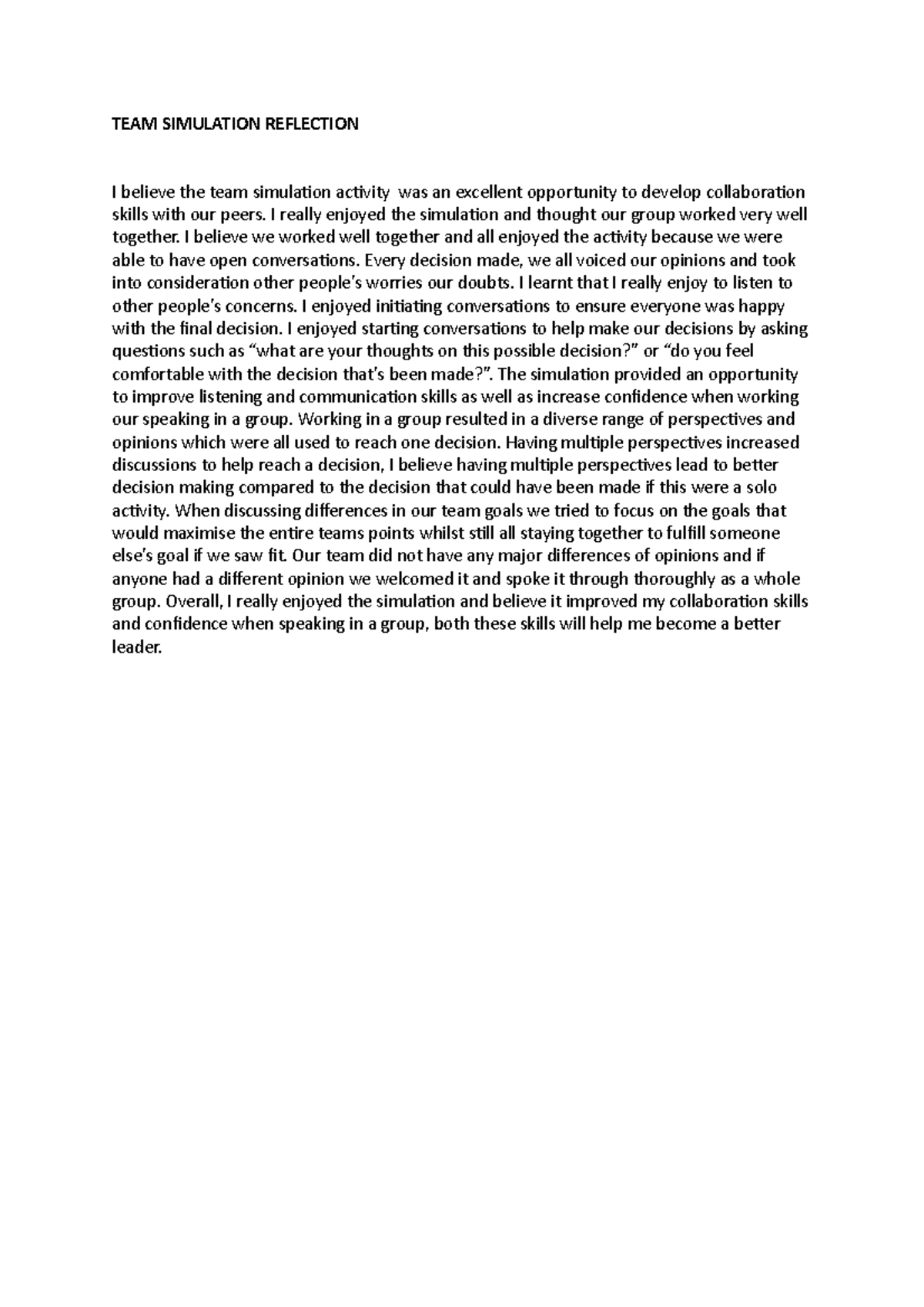 Portfolio A case study analysis - TEAM SIMULATION REFLECTION I believe ...