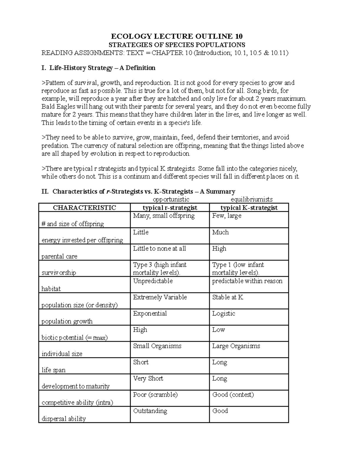 Ecology Chapter 10 Notes - ECOLOGY LECTURE OUTLINE 10 STRATEGIES OF ...