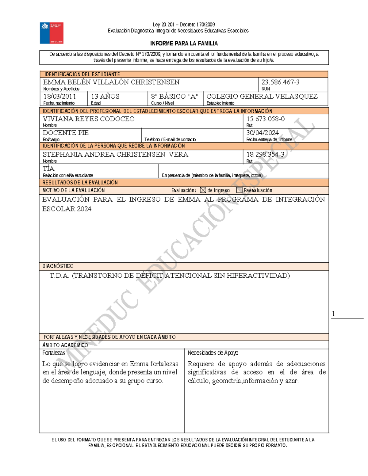 Informe PARA LA Familia EMMA Villalón 2024 - 1 Ley 20 – Decreto 170 ...