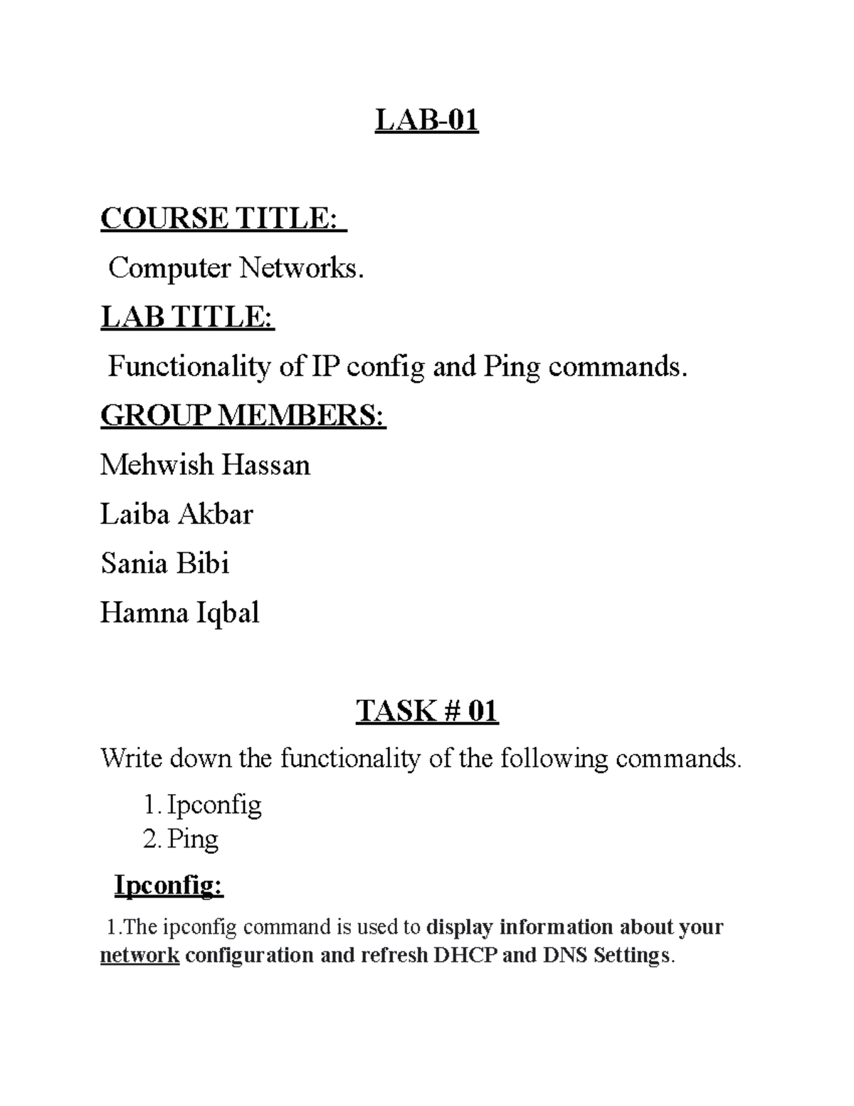 NW lab 01 - this is the lab document about the funcionality of ping and ipconfig commands. - Studocu